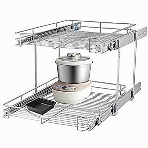 DINDON 2 Tier Pull Out Cabinet Organizer(11" W X 21" D ), Double Tier Wire Basket Slide Out Shelf Storage for Kitchen Base Cabinet Organization ​for Kitchen, Pantry, Bathroom, Chrome