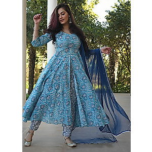 Elina fashion Indian Kurti for Womens With Pant & Dupatta | Rayon Printed Long Kurta Partywear Kurtis Tunic Tops Cyan