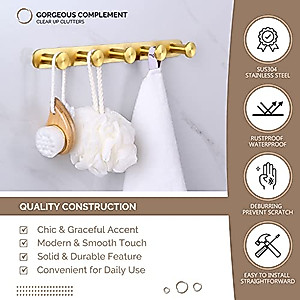 Angle Simple Towel Hook Rack Brushed Gold, SUS304 Stainless Steel Bathroom Hook Rail 5 Hooks, Utility Kitchen Towel Holder, Wall Mount
