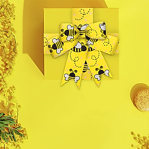 ALIBBON 2 Rolls 2.5" 5 Yd Spring Bee Wired Edge Ribbons Black White Yellow Dots Burlap Spring Honeybee Ribbon Flaxen Yellow for Wreaths DIY Crafting Gift Wrapping Bows Party Decoration