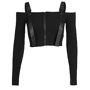 xxxiticat Women's Chic Fashion Off Shoulder Long Sleeve Cold Shoulder Knitted Zipper Up Tshirts Crop Tops Camis(T-BL,M) T-Black