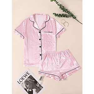 LYANER Women's Striped Silky Satin Pajamas Short Sleeve Top with Shorts Sleepwear PJ Set Pink Large