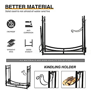 WBHome 3FT Heavy Duty Indoor Outdoor Firewood Storage Log Rack with 4 Tools - Includes Brush, Shovel, Poker, and Tongs