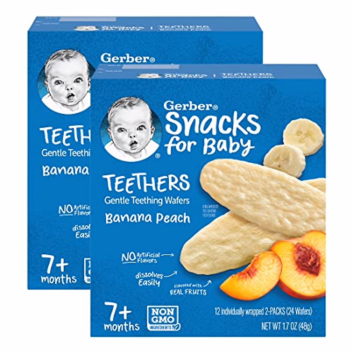 Gerber Snacks for Baby Teethers, Banana Peach, Gentle Teething Wafers, Flavored with Real Fruits & No Artificial Flavors, 12 Individually Wrapped 2 Packs/Box (Pack of 2 Boxes)