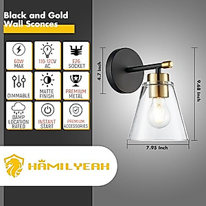 Hamilyeah Black and Gold Wall Sconces Set of 2, Bathroom Sconces Wall Lighting Fixture Indoor with Glass Shade, Mordern Black Wall Sconce Lighting for Kitchen, Hallway, Living Room