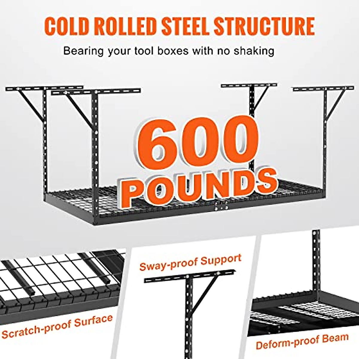 VEVOR Overhead Garage Storage Rack, 4x8 Garage Ceiling Storage Racks, Heavy Duty Adjustable Cold Rolled Steel Racks for Garage Storage, Organization, 600 lbs Load Capacity, 22''-40" (Black)