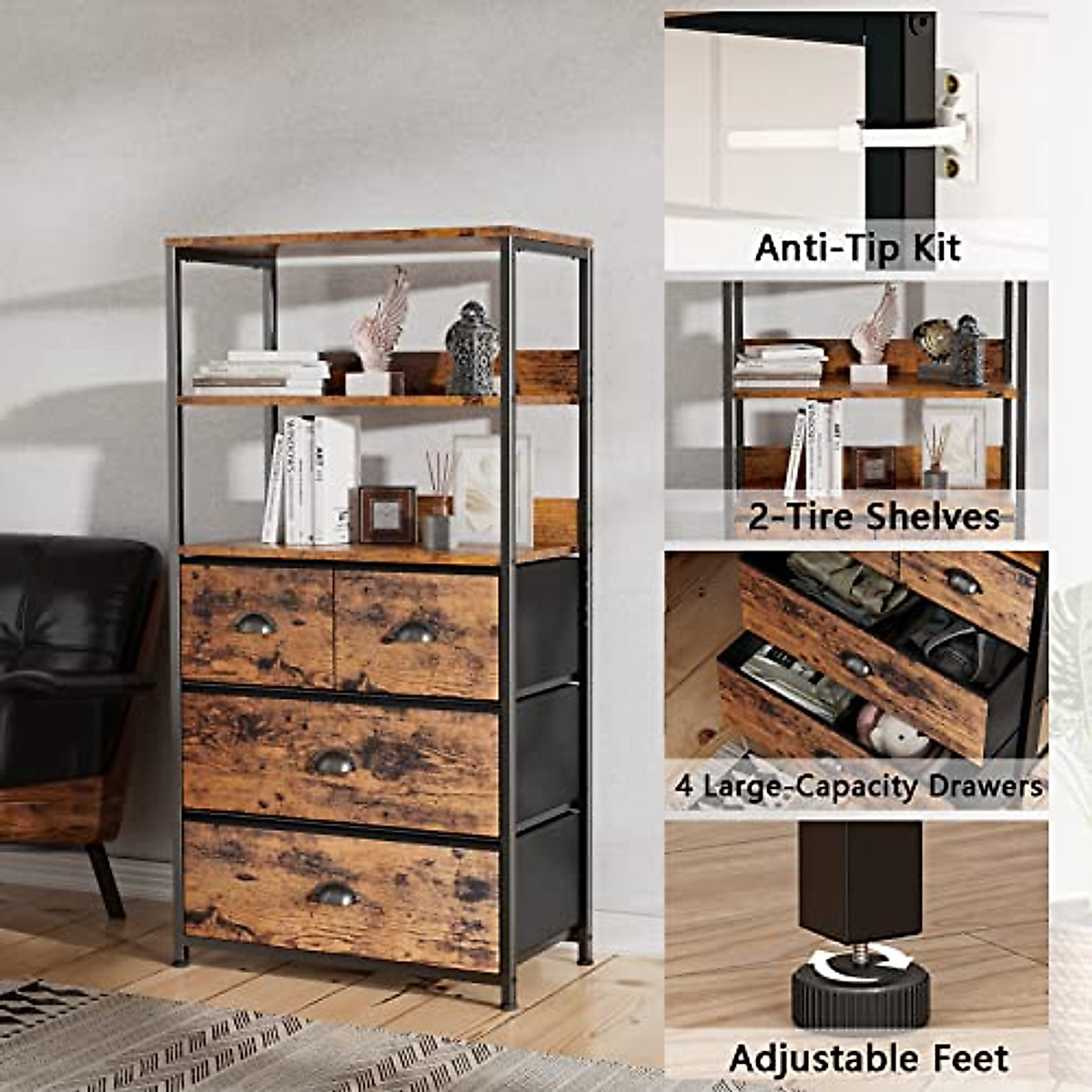 Furologee Vertical 4 Drawer Dresser Organizer with 3-Tiers Wood Shelf,Tall Fabric Storage Tower Unit, Sturdy Metal Frame Furniture,Removable Brown Fabric Bins for Bedroom,entryway,Office