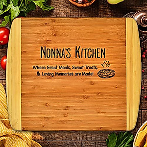 Nonna Gift - Nonna’s Kitchen Where Great Meals Sweet Treats & Loving Memories are made - Engraved 2-Tone Bamboo Cutting Board Grandma Christmas Birthday Mothers Day Design Decor & Usage (11.5x13.5)