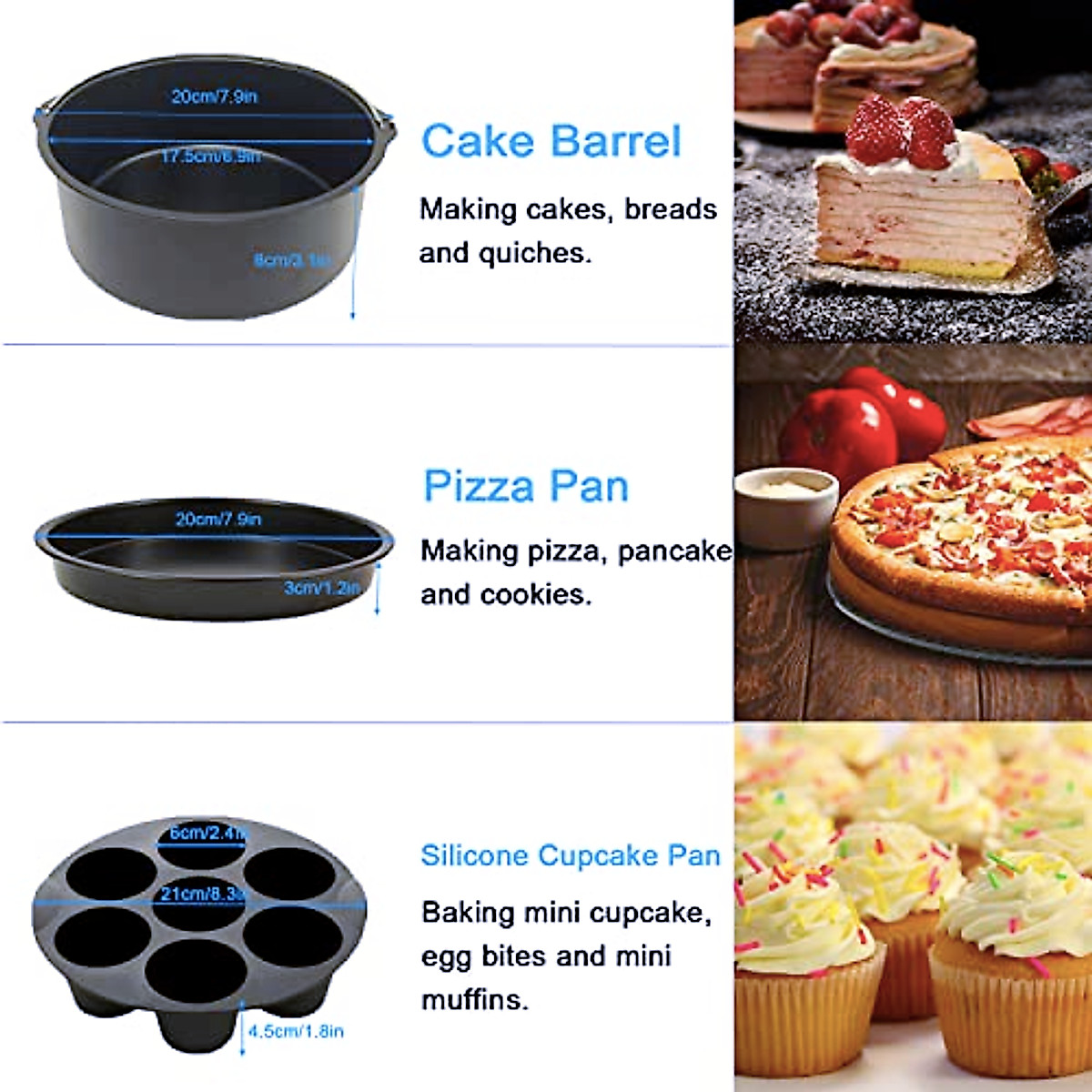 8 Inch Air Fryer Accessories, XL Set of 10 For Gowise USA Phillips Ninjia Cosori Cozyna 4.2QT 5.3QT 5.5QT 5.8QT Deep Air Fryer, With Recipes Cookbook and Reusable Silicone Pot, for Oven Microwave