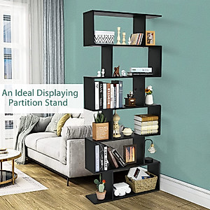 IFANNY 6 Tier Bookshelf, S Shaped Bookcase w/Staggered Storage Shelves, Display Shelf and Room Divider, Librero para Habitacion, Book Shelf for Bedroom, Living Room, Home Office (Black)
