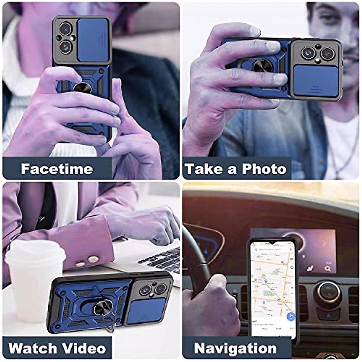 Suyomo for Oneplus Nord N20 5G Case with Tempered Glass Screen Protector [2Pcs],1+ Nord N20 Heavy Duty Case with Camera Cover Ring Holder Stand Shockproof Dual-Layer Protection Phone Case (Blue)