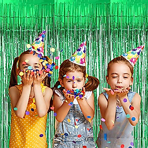 Muhome Green Foil Fringe Curtain, 2PCS 3.28FT x 8.2FT Tinsel Door Curtains & 1 Masking Tape Green Fringe Backdrop for St. Patrick's Day Wedding Kids Dinosaur Birthday Party Decorations