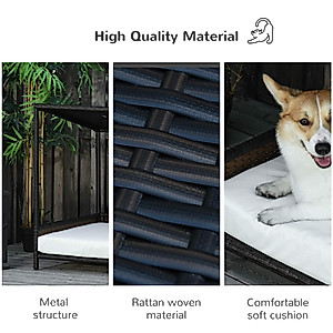 PawHut Wicker Dog House Raised Rattan Puppy Bed Cat Shelter for Indoor Outdoor Garden Patio Pet Sofa with Removable Cushion for Medium Sized Pet Brown