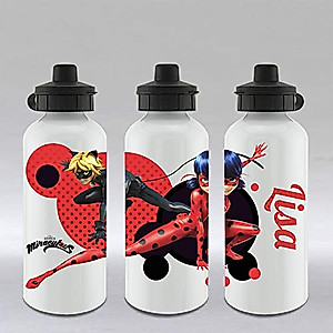Miraculous Ladybug and Cat Noir Personalized Aluminum Water Bottle with Custom Name Printed, Official Licensed Product, 20oz