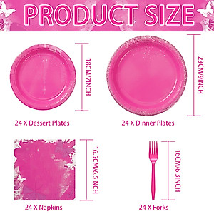96Pcs Hot Pink Party Supplies Hot Pink Plates and Napkins Tableware Set Hot Pink Party Decorations for Pink Valentine's Day, Birthday, Wedding, Bridal Shower Party, Serves 24