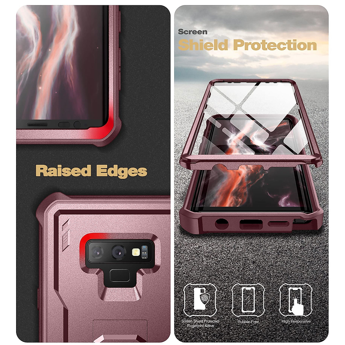 Dexnor Full Body Case for Samsung Galaxy Note 9/6.4 inches, [Built in Screen Protector and Kickstand] Heavy Duty Military Grade Protection Shockproof Protective Cover for Galaxy Note 9,Maroon Red