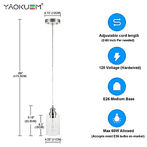 YaoKuem Pendant Lighting Fixture, Hanging Ceiling Lights with E26 Medium Base, Metal Construction with Clear Glass, Bulbs not Included, Nickel, 3-Pack