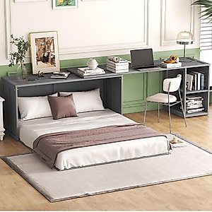 Bellemave Queen Size Murphy Bed with Rotatable Desk, Grey Wooden Cabinet & Workstation, Space Saving Design