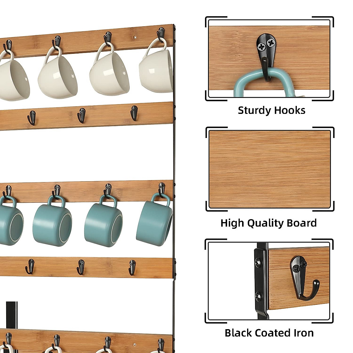 Aomomery Coffee Mug Rack,Rustic Coffee Mug Holder Wall Mounted,Bamboo Coffee Cup Holder with 27 Mug Organizer Hooks,Large 6-Tier Mug Display for Kitchen