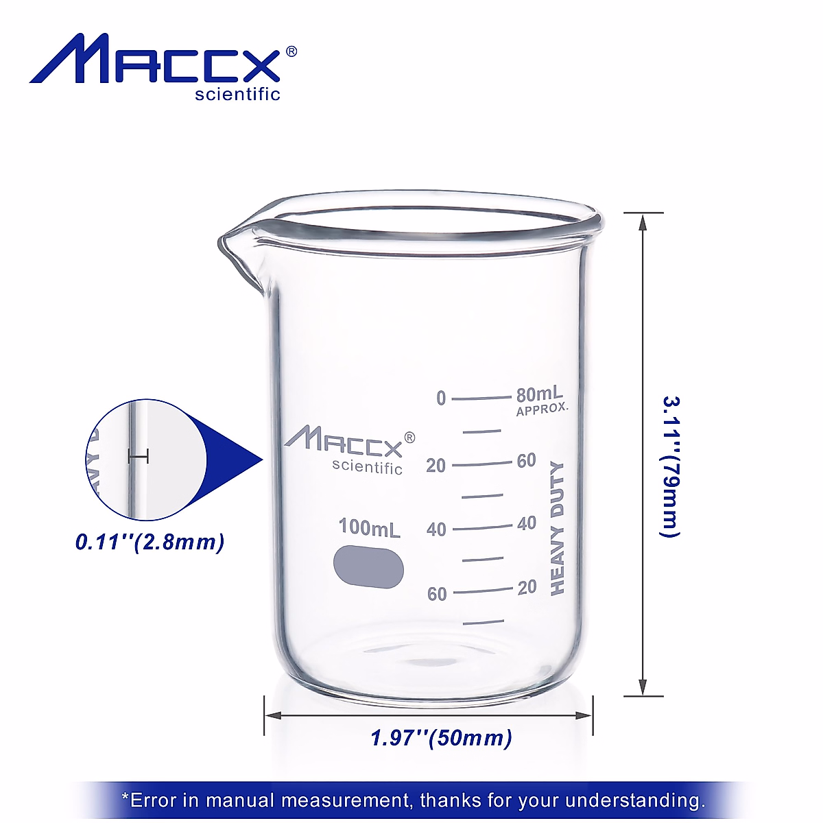 Maccx 3.4oz(100ml) Sturdy Glass Beaker, 3.3 Borosilicate Griffin Low Form with Printed Graduation, Pack of 12, BKL100-012