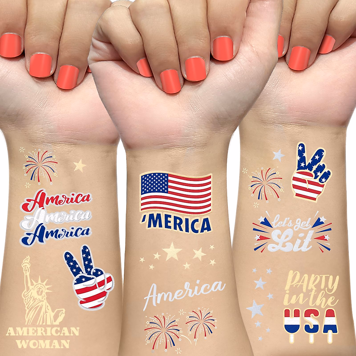 AOYOO Fourth of July Decorations Temporary Tattoos 34 Style America Giltter Tattoos, Red White and Blue Party Supplies, 4th of July Accessories, USA Flag, Memorial Day, Independence Day, Labor Day