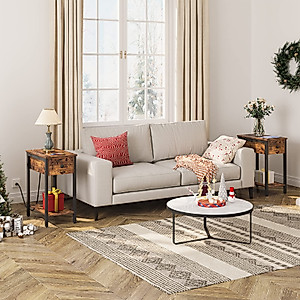 HOOBRO End Table with Charging Station, Set of 2 Narrow Side Table, Small Nightstand, Bedside Table with Drawer and Storage Shelves, for Small Spaces, Rustic Brown and Black BF041BZP201