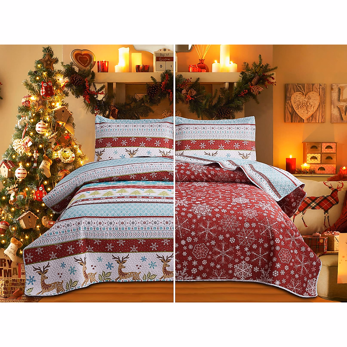 Jessy Home Christmas Bedding Set Queen Size Christmas Quilt Bedspread Xmas Reversible Christmas Coverlet Rustic Lodge Deer Snowflake Cabin Home Holiday Decor Christmas