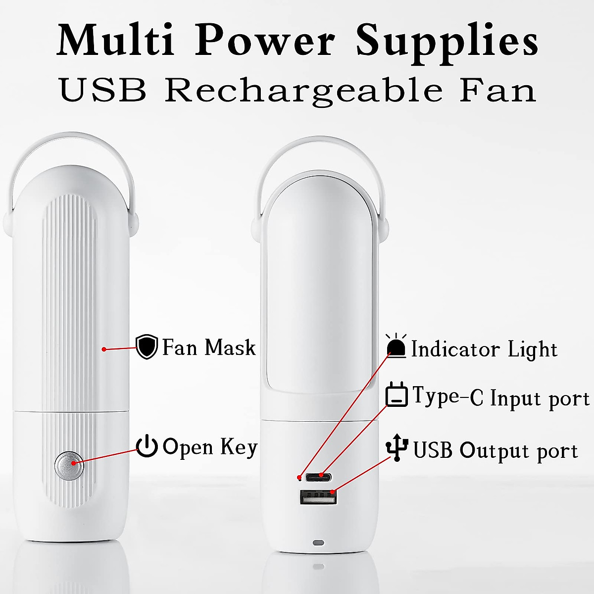 Favoriwere Handheld Mini Fan 3 in 1 Portable Face Fan 3 Speeds with Strong Wind USB Rechargeable for 30 Hours Working Personal Fan with Power Bank and Flashlight Suitable for Outdoor and Indoor White