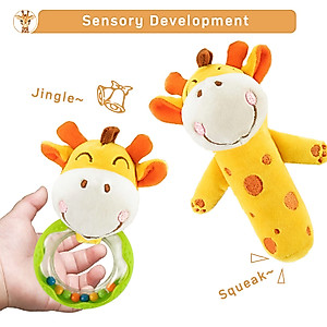 by Rattle Toys for Babies 0-6 Months Soft Baby Toys Stuffed Animal Plush Rattle Newborn Sensory Toys Newborn Infant Security Blanket Loveys Small Animals Doll（Giraffe）