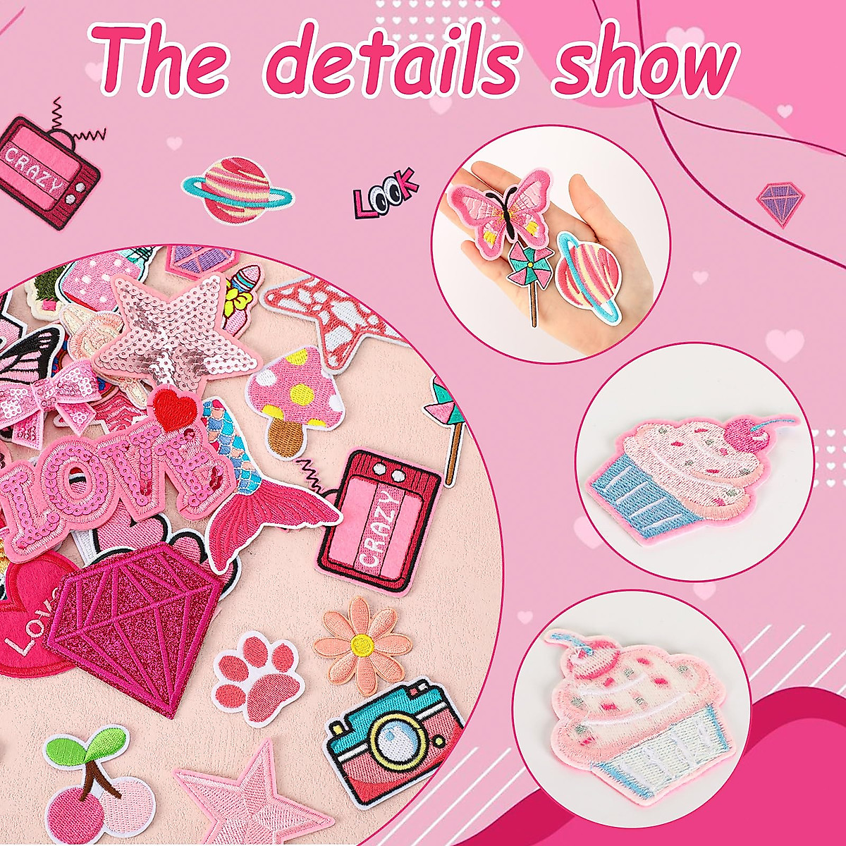 60pcs Pink Embroidered Patches Random Assorted Styles Pink Theme Iron on Patches for Girls Western Cowgirl DIY Sew Applique Repair Patch Cute Preppy Sew on Patches for Backpacks Pants Clothes Jeans