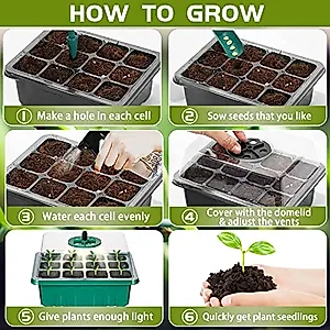 5 Pack Seed Starter Tray with Grow Light, Reusable Seedling Starter Kit with Air Vent Humidity Dome, 60-Cells Drain Hole Tray for Greenhouse Plant Seed Growing Germination Propagator (Black)
