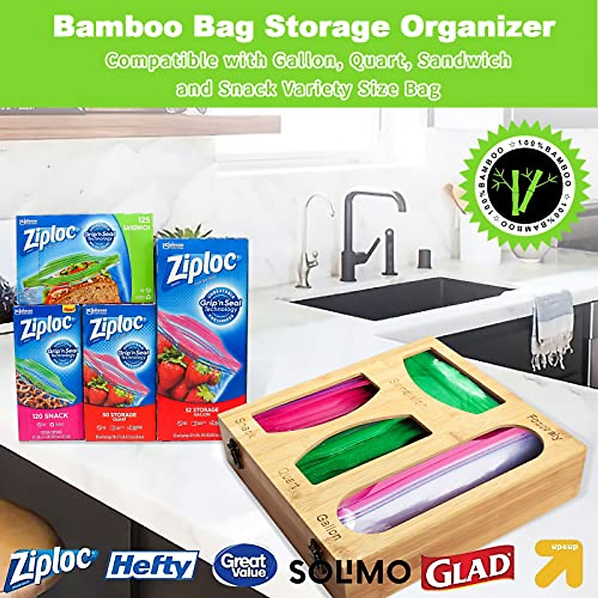 Ziplock Bag Organizer,Bamboo Plastic Bags Container Boxs Dispenser With Lid For Kitchen Drawer,Can Wall Mount And Stand Suitable For Food Sandwich Gallon Baggie Quart Snack Variety Size Bag(Brown)