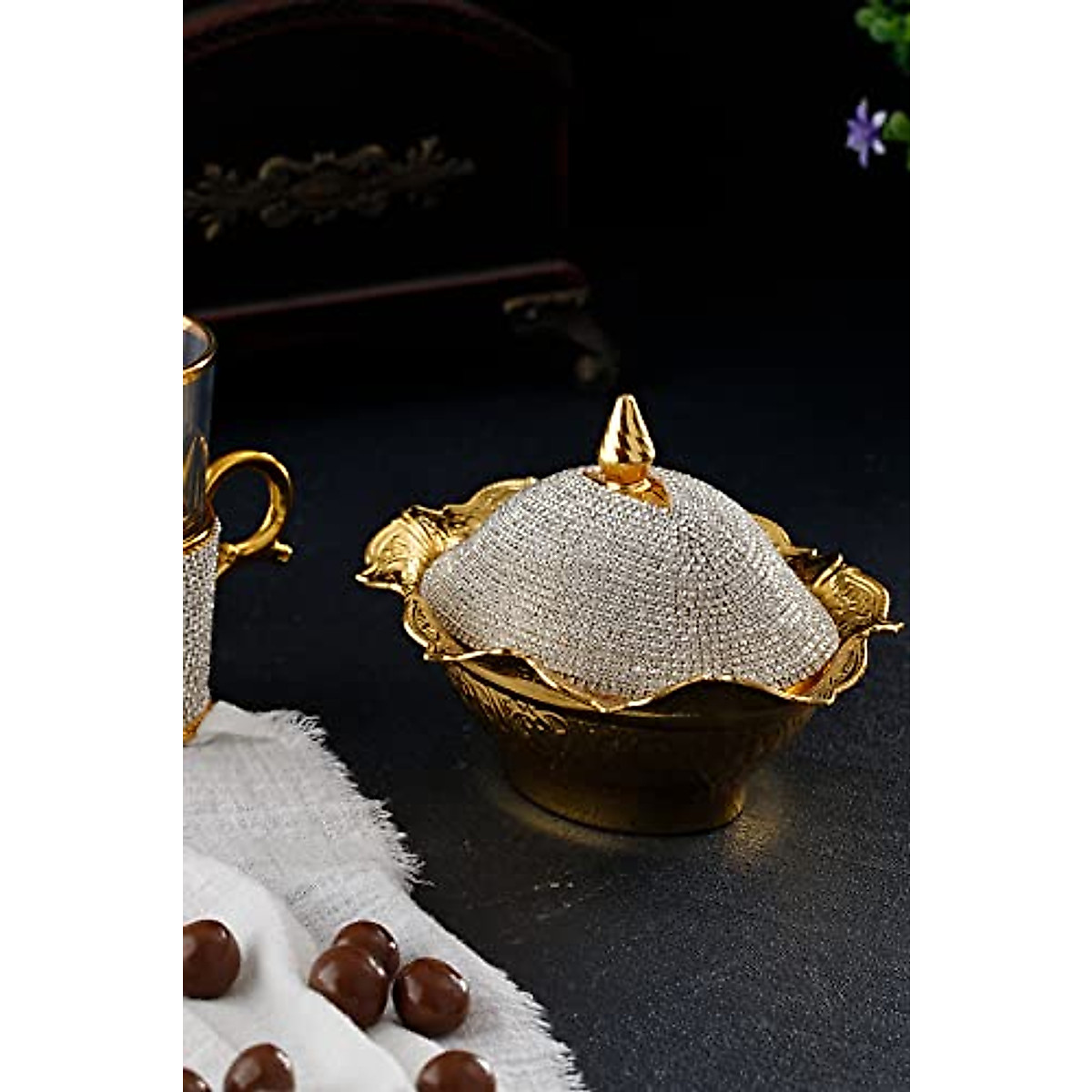 Swarovski Crystal Coated Handmade Brass Sugar Chocolate Candy Bowl Serving Dish with Lid & Spoon (Gold)