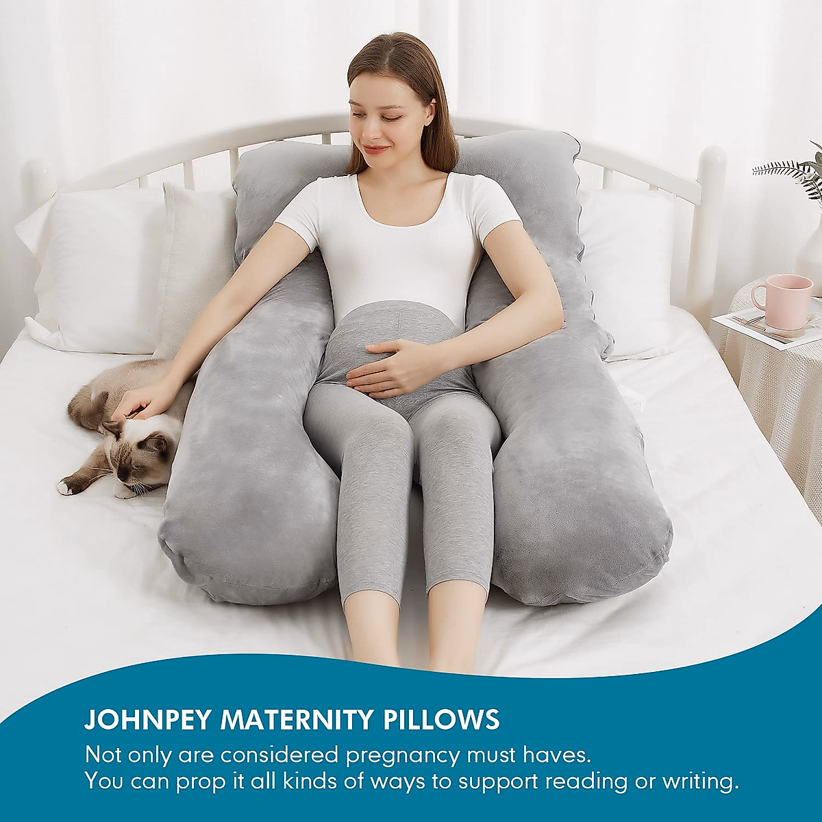 JOHNPEY Pregnancy Pillows for Sleeping, U Shaped Full Body Pillow - Pregnancy Must Haves Maternity Pillow with Removable Velvet Cover, 55inch, Gray