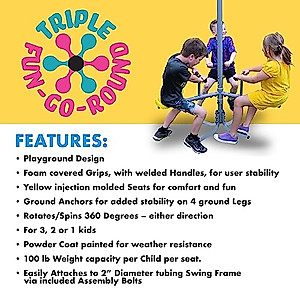 XDP Recreation Triple Fun-Go Round - Outdoor Backyard Kids Fun Twirling, Spinning Playground 2" Diameter Metal A-Frame Swing Set Accessory add-on, Gray