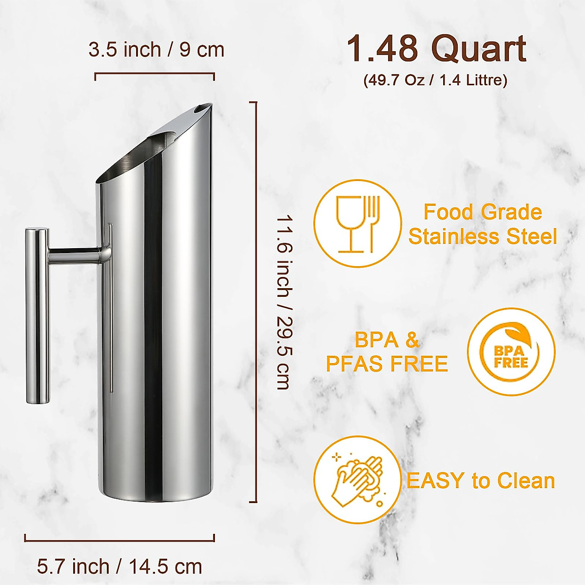 Water Pitcher Stainless Steel Serive Tool Food Grade for Restaurant, Home, Hotel, Jug with Ice Guard and Handle, Perfect for Cold Water, Iced Tea, Coffee, Juice or Cold Beverages - 49 Oz / 1.4 Littre