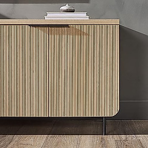 Walker Edison Modern Scandinavian Fluted Door Kitchen Storage Sideboard Buffet Cabinet Console, 69 Inch, Coastal Oak/Black