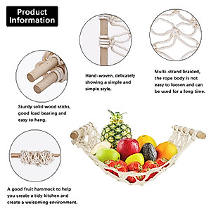 Fruit Basket Hammock Under Cabinet Adhesive, Woven Vegetable Hanging Basket, Fruit Storage for Kitchen with Banana Hooks, Mesh Fruit Holder Organization for Home Dining Room Decor