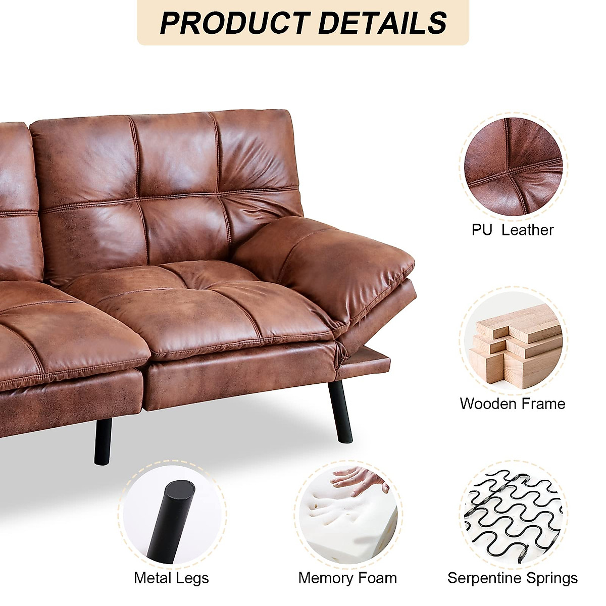 Opoiar, Memory Foam Couch Bed, Modern Sleeper Sofa with Adjustable Armrest&Backrest, Convertible Futon Sets for Compact Living Spaces, Sofabed, Brown-3