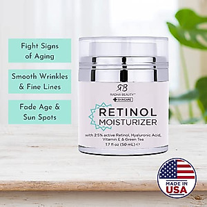 Radha Beauty Moisturizing Miracle Retinol Cream for Face - with 2.5% Retinol, Hyaluronic Acid, Vitamin E and Green Tea. Luxury Night and Day Anti-Aging Wrinkle Cream 1.7 fl oz.