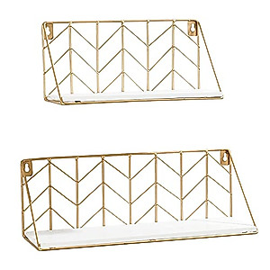 ROSE BLOOM Floating Shelves Wall Mounted Set of 2, Wood Storage Shelf with Metal Wire Basket for Bedroom, Living Room, Bathroom, Kitchen, Office, Arrow Design