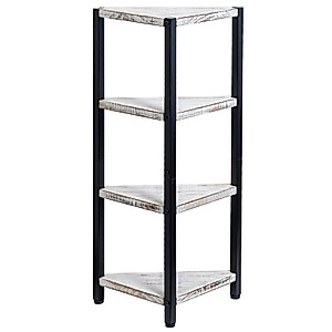 MyGift 4 Tier Shabby White Washed Solid Wood and Matte Black Metal Bathroom Corner Standing Shelf, Decorative Bath Storage Shelving Stand