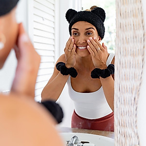 FROG SAC Spa Headband for Washing Face, Teddy Bear Skincare Makeup Headbands with Wrist Bands, Girls Fluffy Facewashing Skin Care Make Up Animal Head Band Hair Accessories for Women