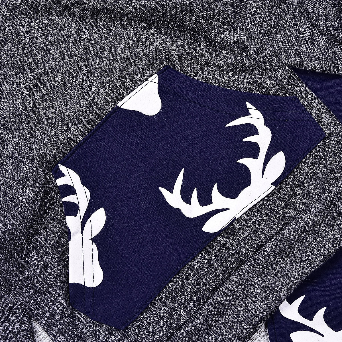 2PCs Baby Deer Print Hoodies with Pocket Top + Striped Long Pants Autumn Outfit Set (6-12M(Tag80), Grey&Dark Blue)
