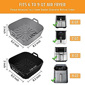 Air Fryer Silicone Liners 9 Inch Reusable Air Fryer Reusable Basket For 6 to 9QT, 2 PCS Square Air Fryer Pot Insert for Oven Microwave Accessories
