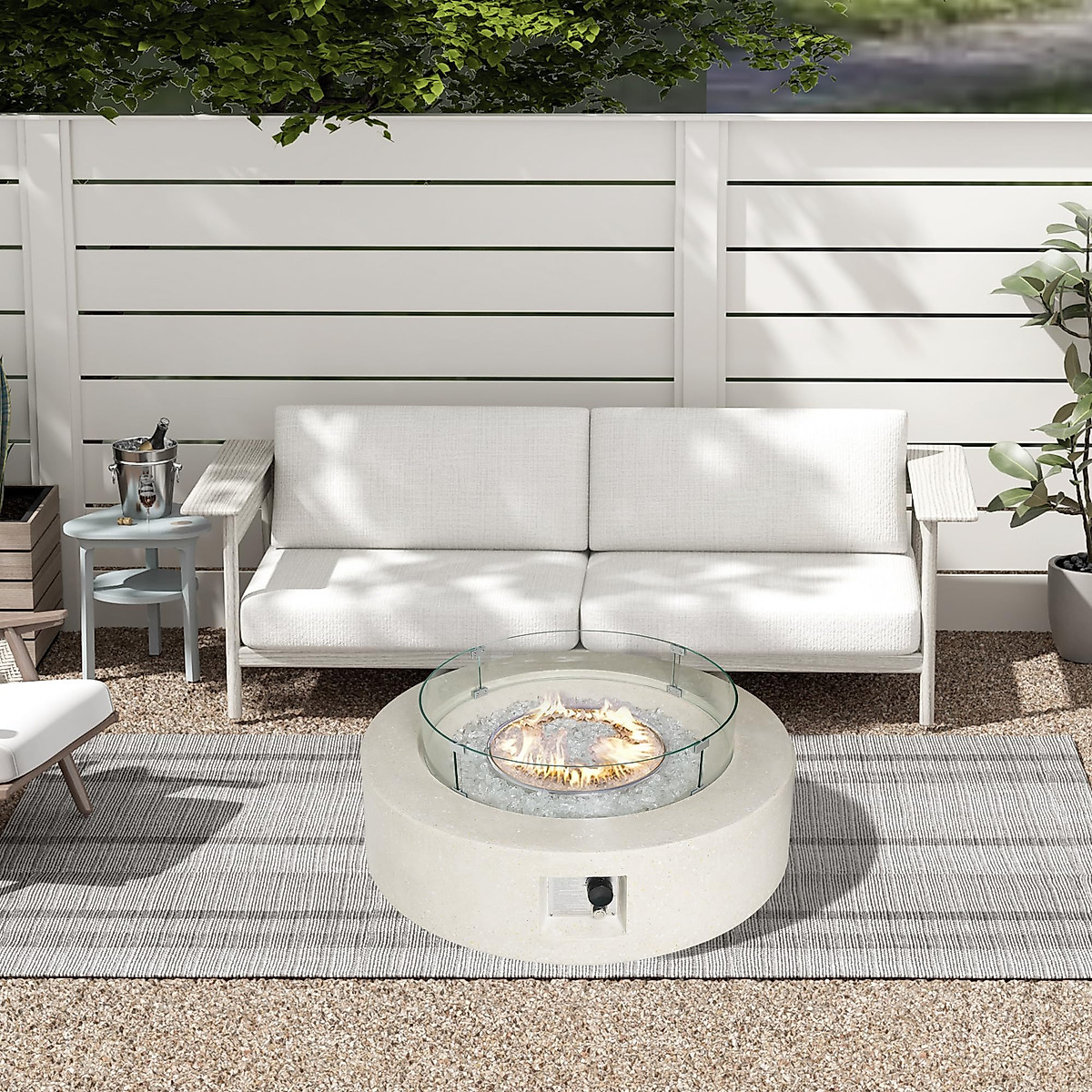 UPHA 42'' Patio Propane Gas Concrete Fire Pit Table,Round with Wind Guard,50000 BTU Auto-Ignition Fire Table, 42''L x 42''W x 13''H, Free Glass Stone,Terrazzo