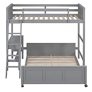 Twin Over Full Loft Bed with Desk and Storage Drawers, Wood Bunk Loft Bunk Bed for Kids, Can Be Separated into A Full Bed Frame and A Twin Size Loft Bed for Girls Boys Teens, Gray