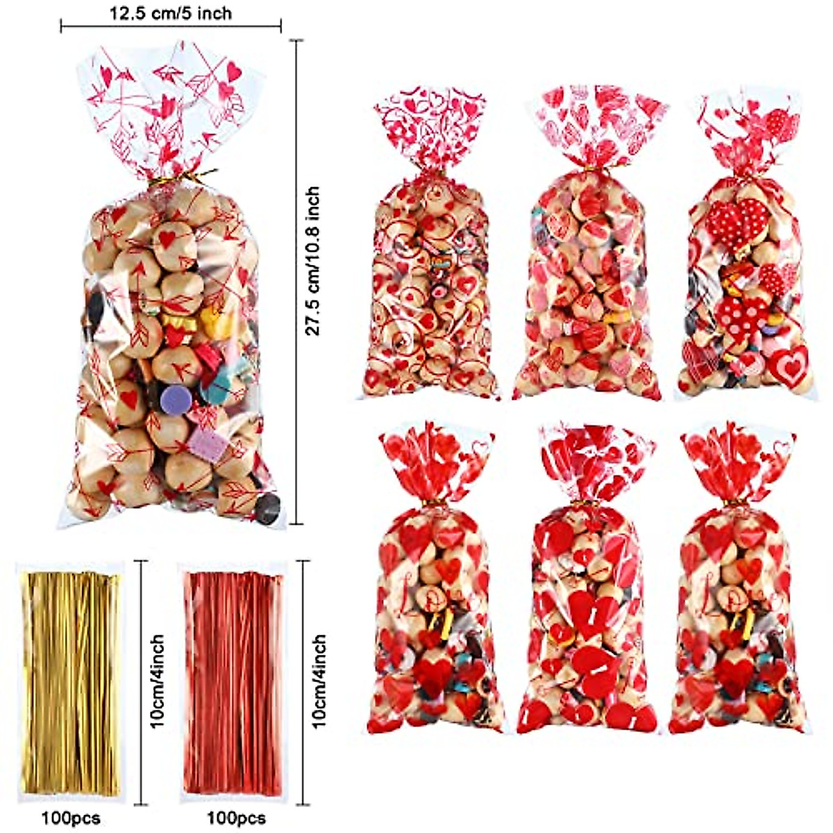 Blulu 180 Pieces Valentines Treat Favor Bags Cellophane Plastic Clear Candy Goodie Gift Bags with 200 Pieces Gold and Red Twist Ties for Valentine's Day Party Decorations, 6 Assorted Styles