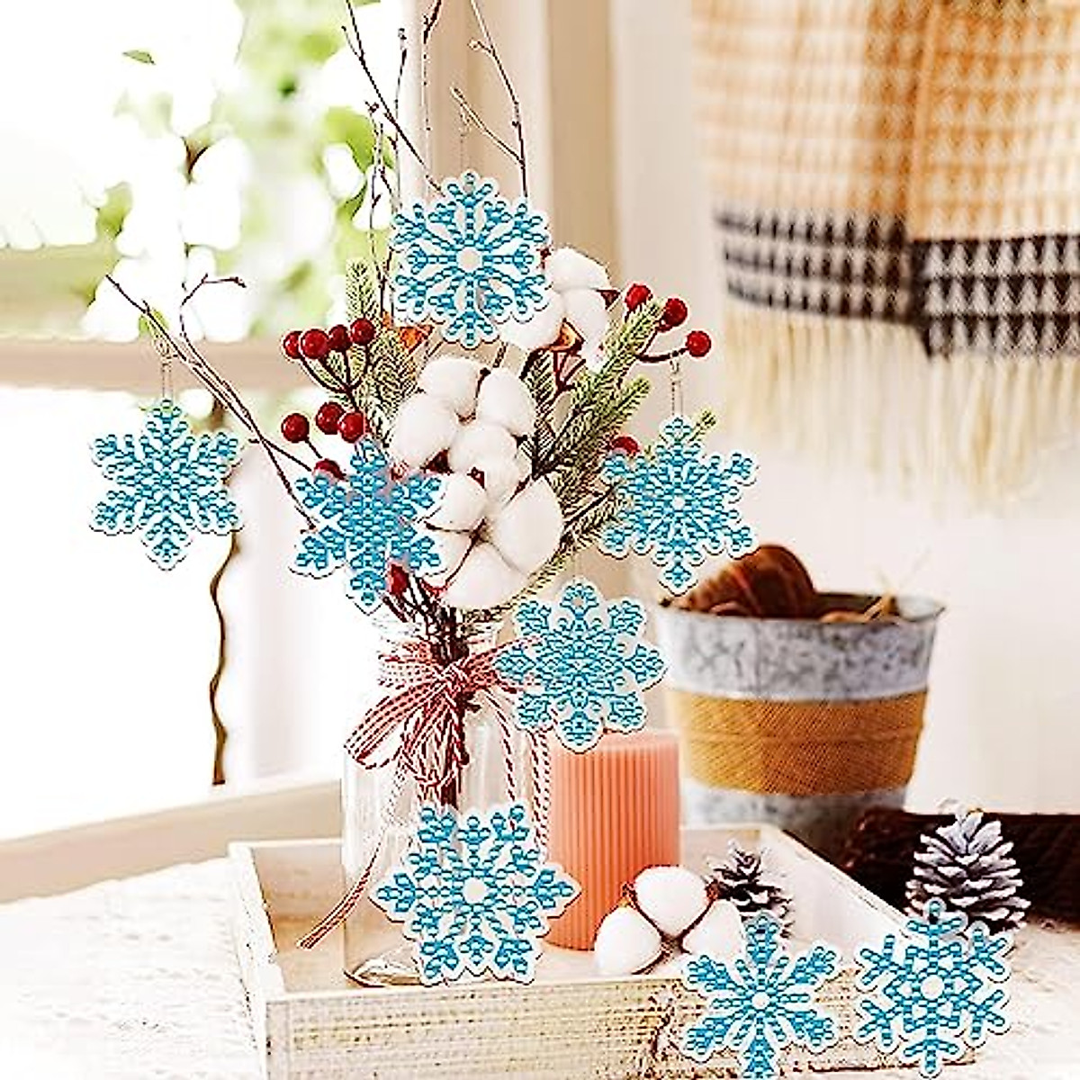 clothmile 12 Pieces Snowflake Diamond Painting Keychains Kit DIY Diamond Art Keychains Winter 5D Full Drill Diamond Painting Hanging Ornament Silver Rhinestone Pendants for Holiday Party Supplies