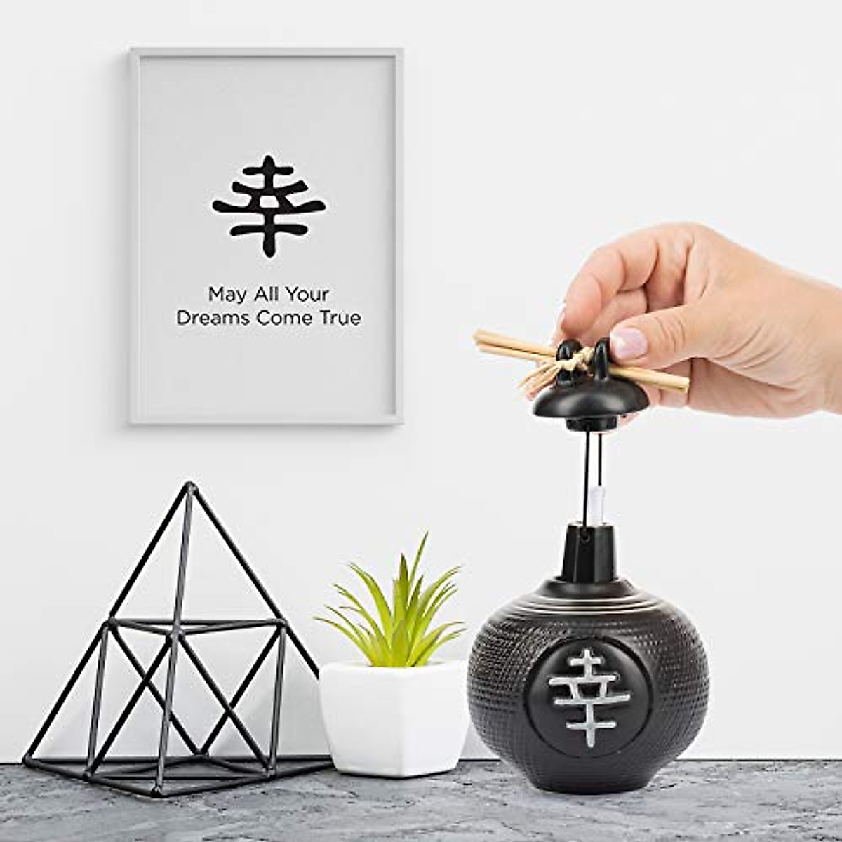 Live Whale Zen Decor Law of Attraction Asian Inspired Wishing Pot, Inspirational Gifts, Gratitude Jar with Scroll, Ceramic Jar with Lid for Daily Affirmations and Blessings, Black 3.5x3.5x4”